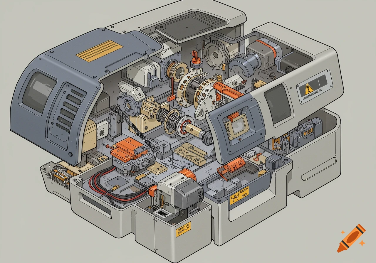 Detailed exploded view diagram of the internal mechanics of a complex ...