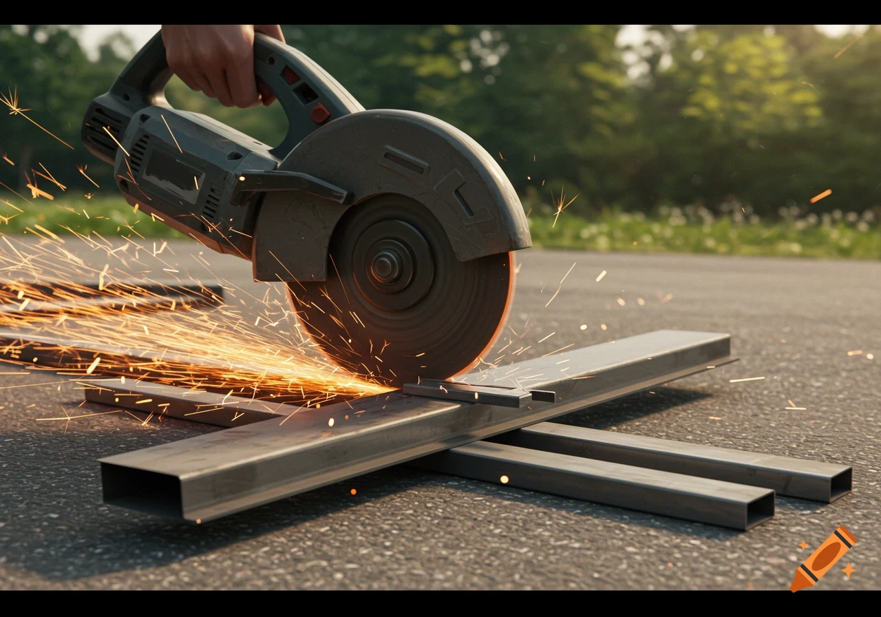 Circular saw cutting metal on pavement with sparks flying. on Craiyon