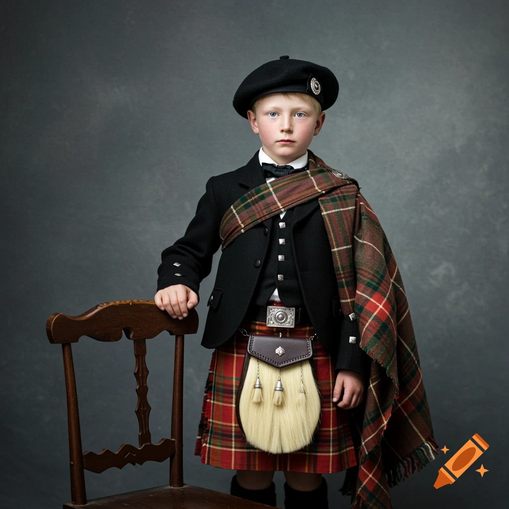 A young boy in a traditional Scottish kilt, cap, and shawl poses for a ...