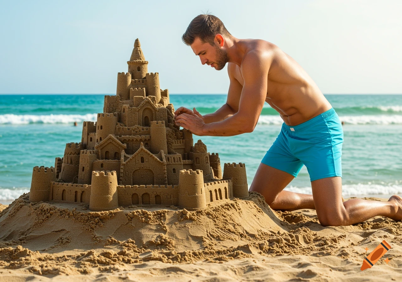 Man builds a large sandcastle on a sunny beach. on Craiyon
