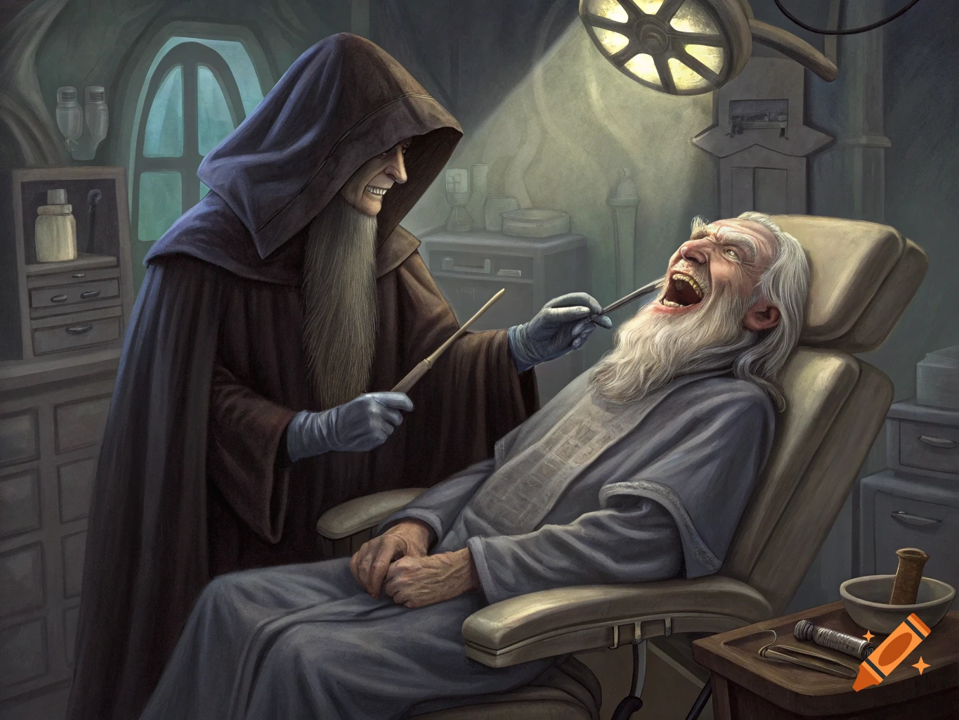 Illustration of a robed figure performing dentistry on an older man ...