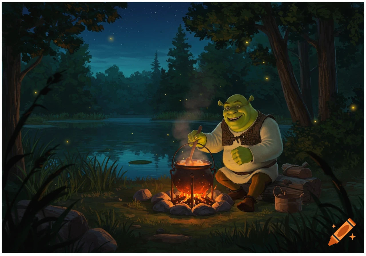 Shrek cooking at a campfire by a lake in a forest at night with ...