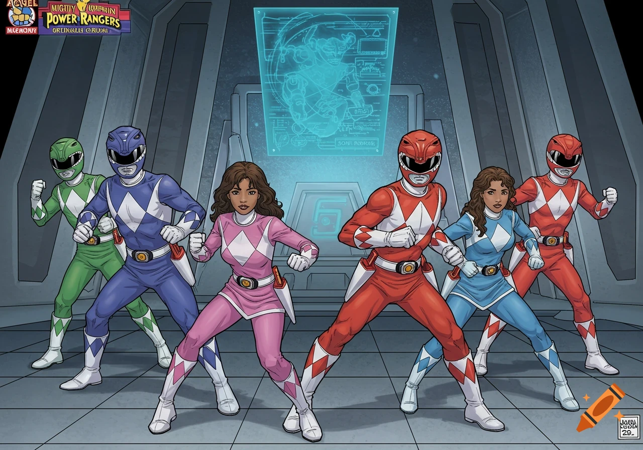 Mighty Morphin Power Rangers and two unmasked rangers in their base ...