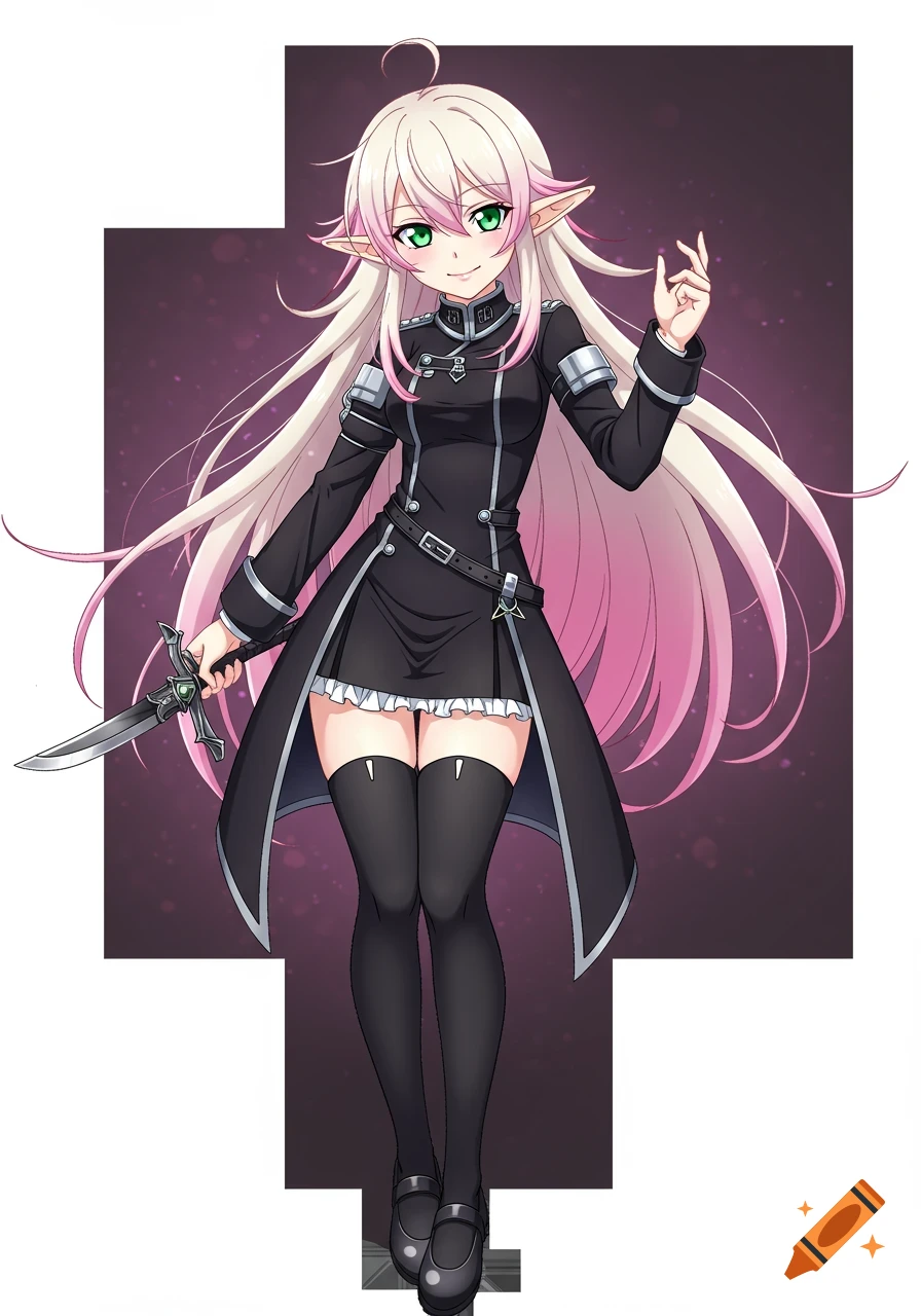 An anime half-elf girl in a black military dress with blonde and pink ...