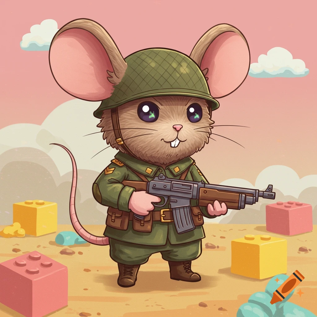 A cute cartoon mouse in a soldier uniform holds a rifle. Large toy ...