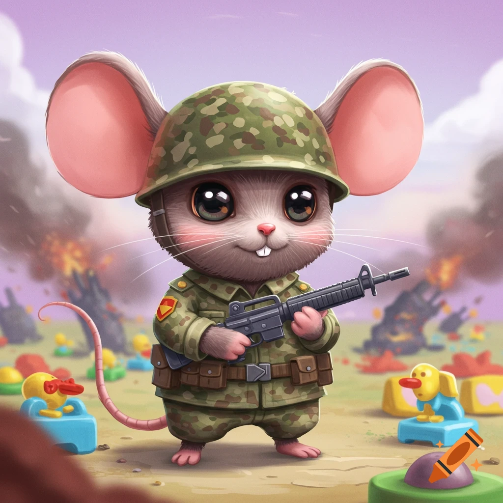 A cute cartoon mouse in a military uniform holds a toy rifle, with ...