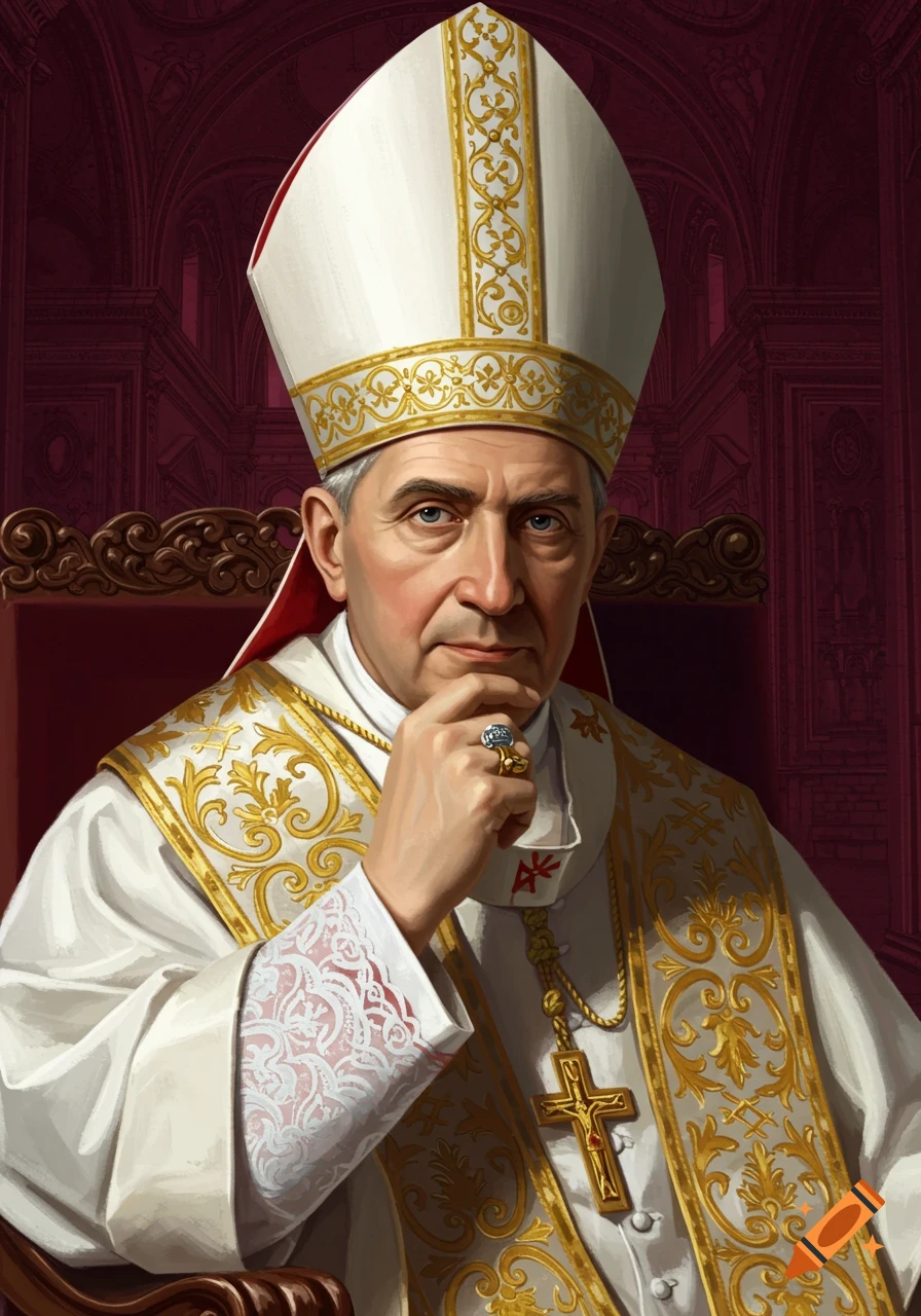 Illustration of a Pope in ceremonial robes, sitting and touching his ...