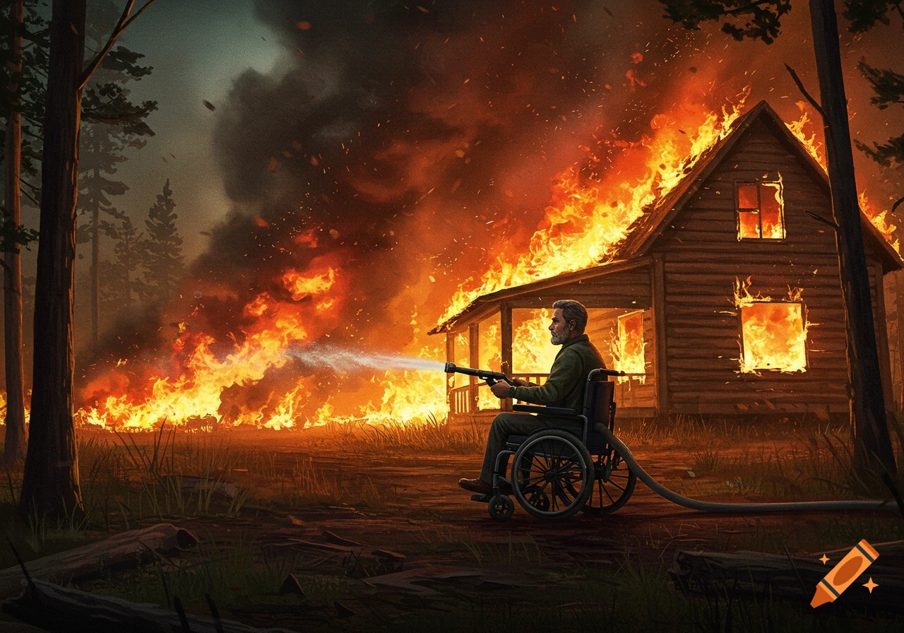 Man in wheelchair spraying water at a burning house during a forest ...