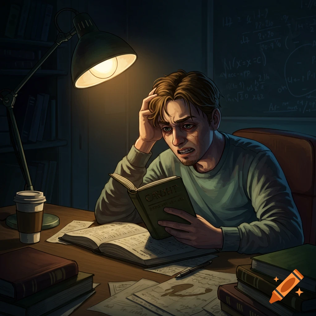 Illustration of a stressed student studying at night under a desk lamp ...