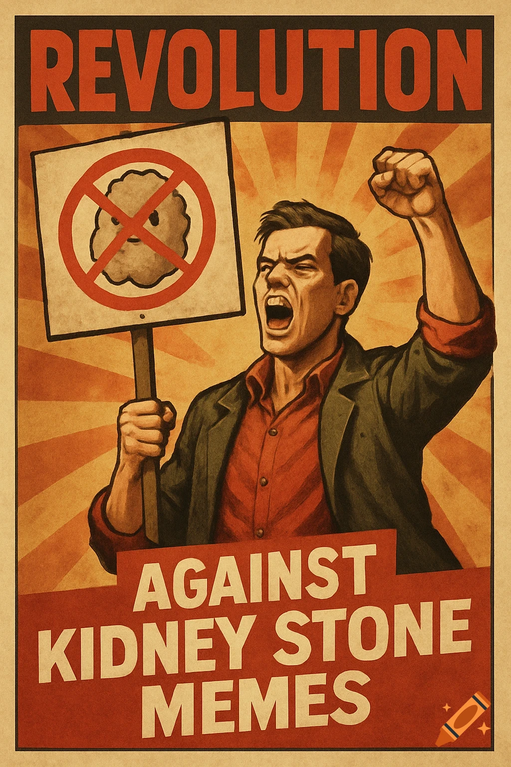Propaganda poster: Man protests kidney stone memes, sign reads ...