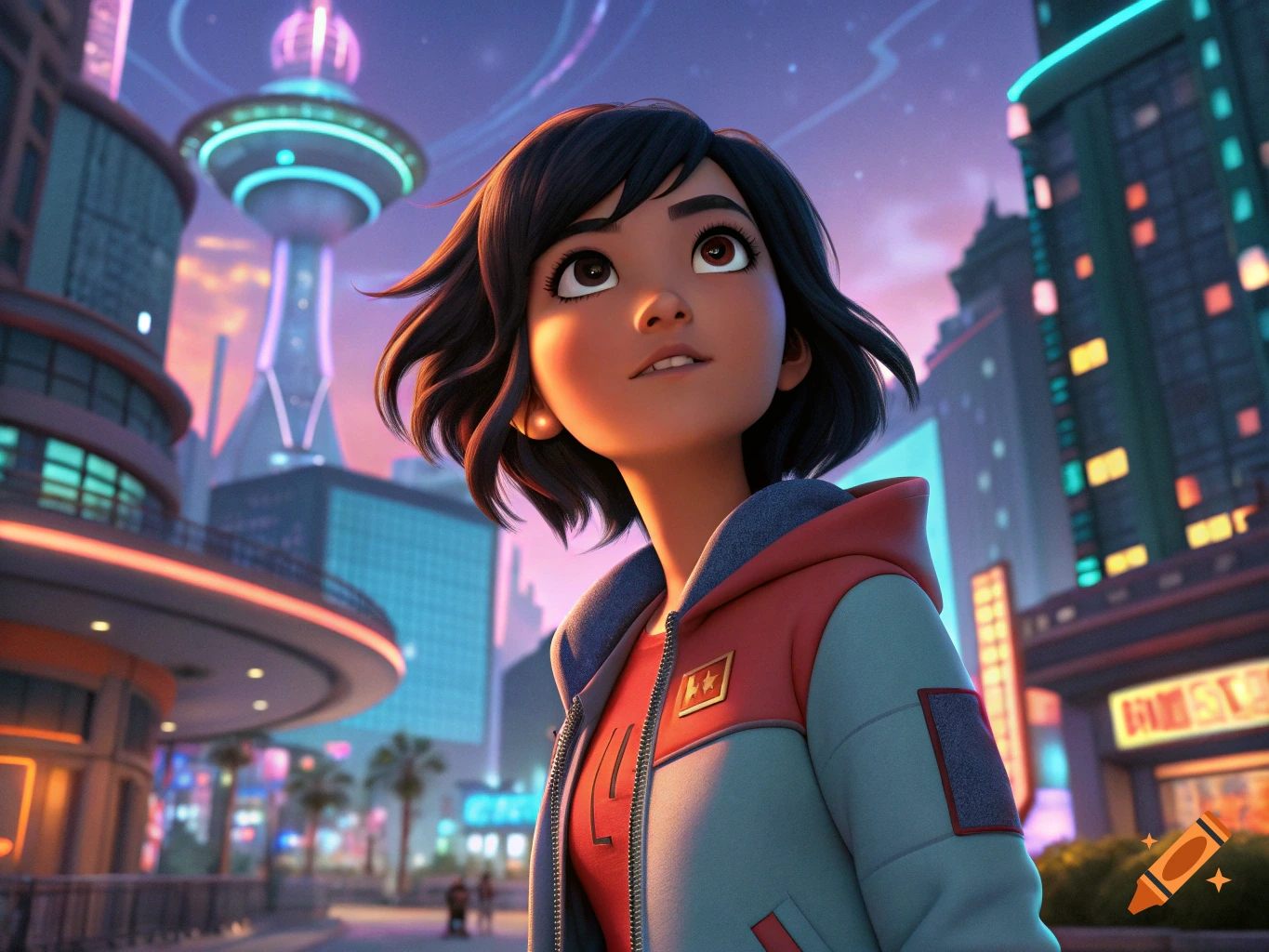 Cartoon girl in red and grey jacket looks up in a futuristic city ...