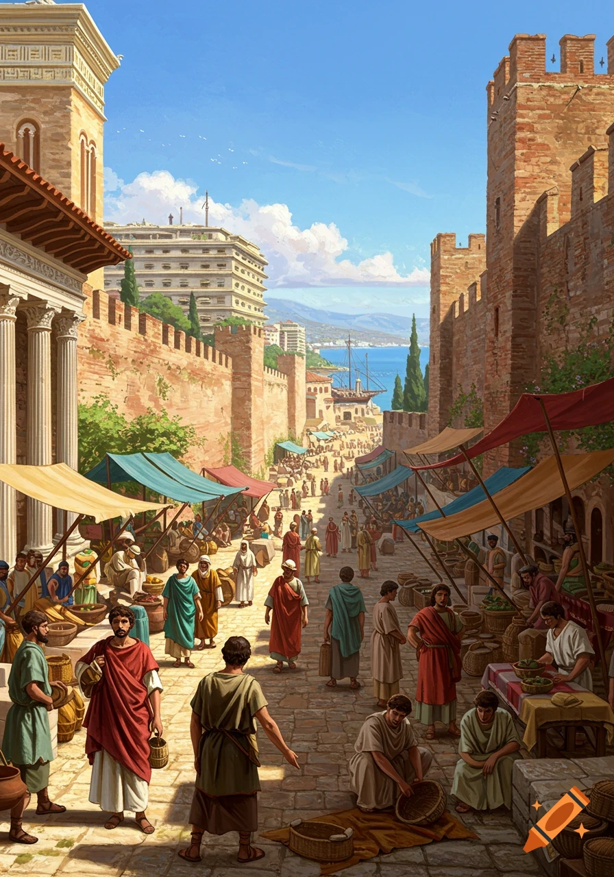 A busy ancient marketplace street lined with stalls and people in a ...