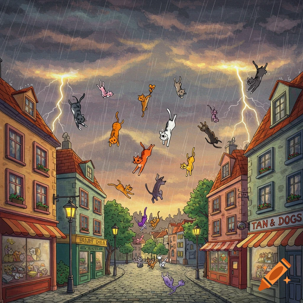 Cartoon illustration of cats raining from a stormy sky with lightning ...
