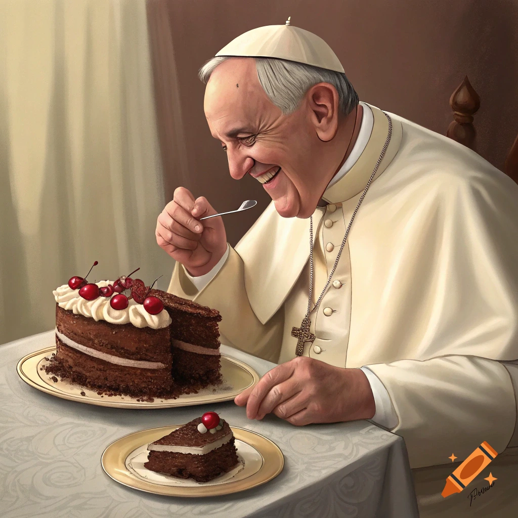 A smiling Pope eats a slice of chocolate cake with a spoon. Realistic ...