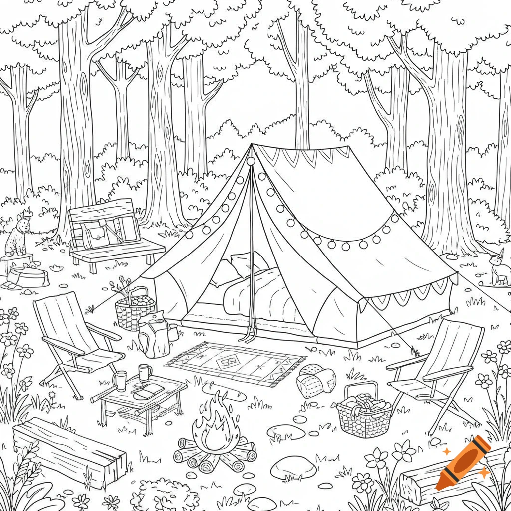 Line art coloring page of a glamping setup in the woods with a tent ...