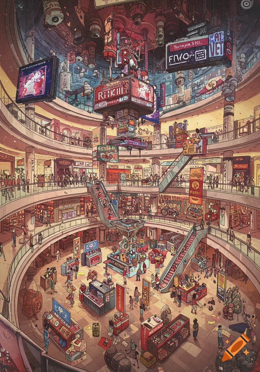 Stylized illustration of a busy, multi-level indoor shopping mall ...