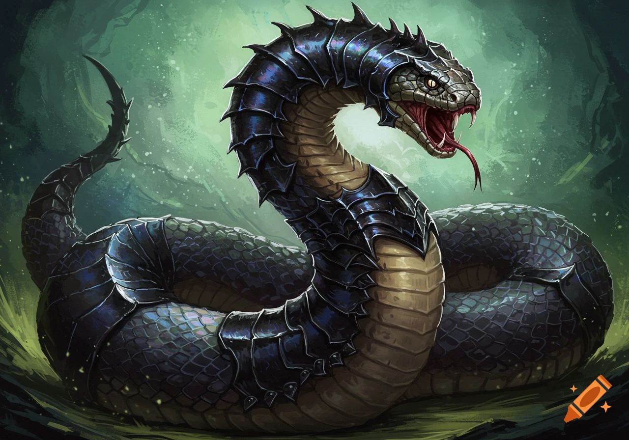 A fearsome monstrous snake with black armor scales winds through a ...