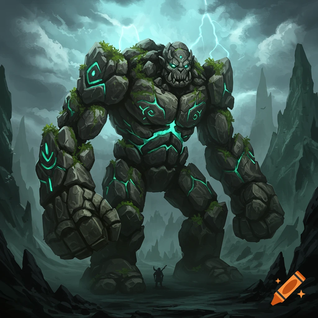 A giant rock golem with glowing cracks stands over a small figure in a ...