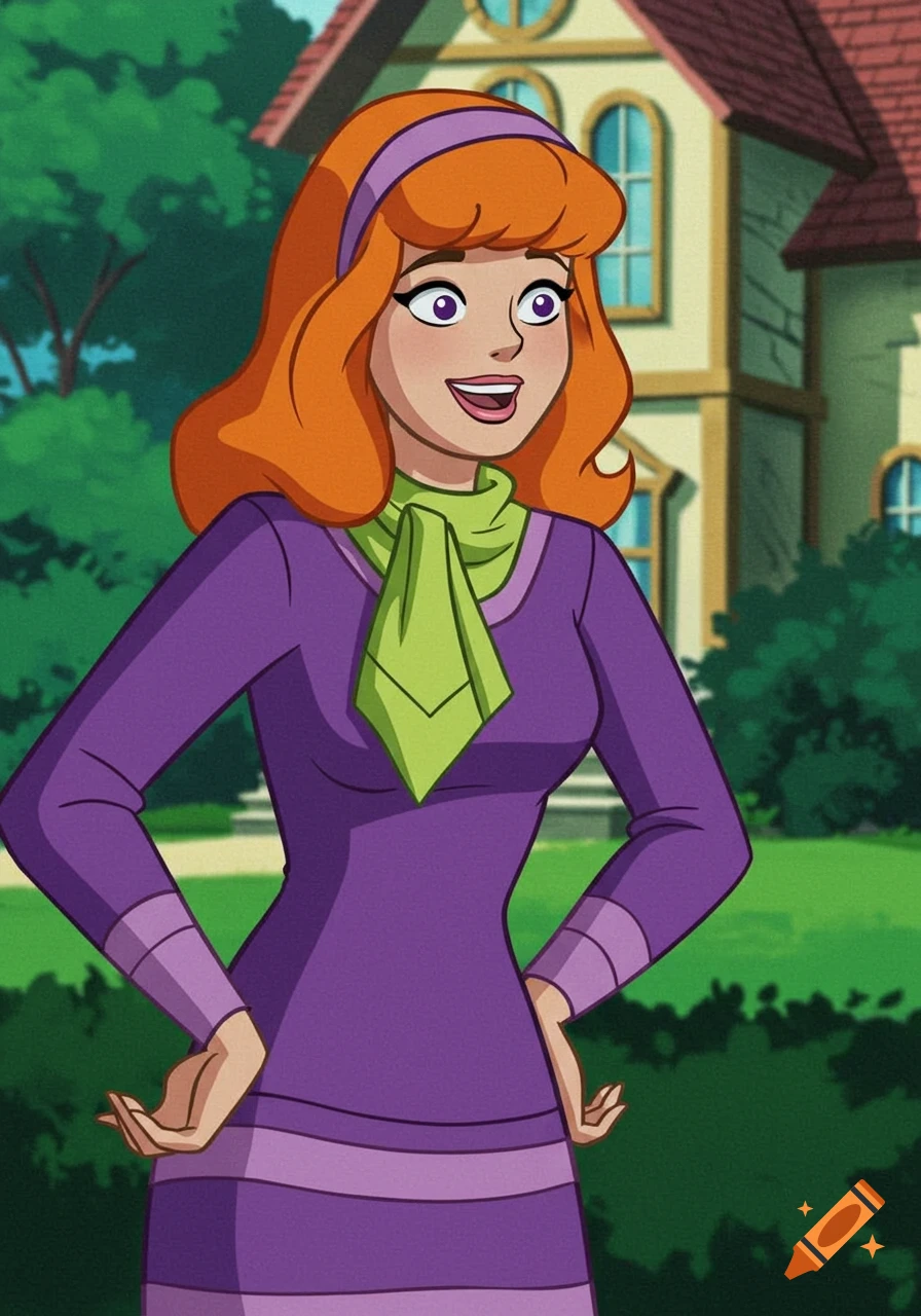 Cartoon portrait of Daphne Blake from Scooby Doo smiling outdoors. on ...