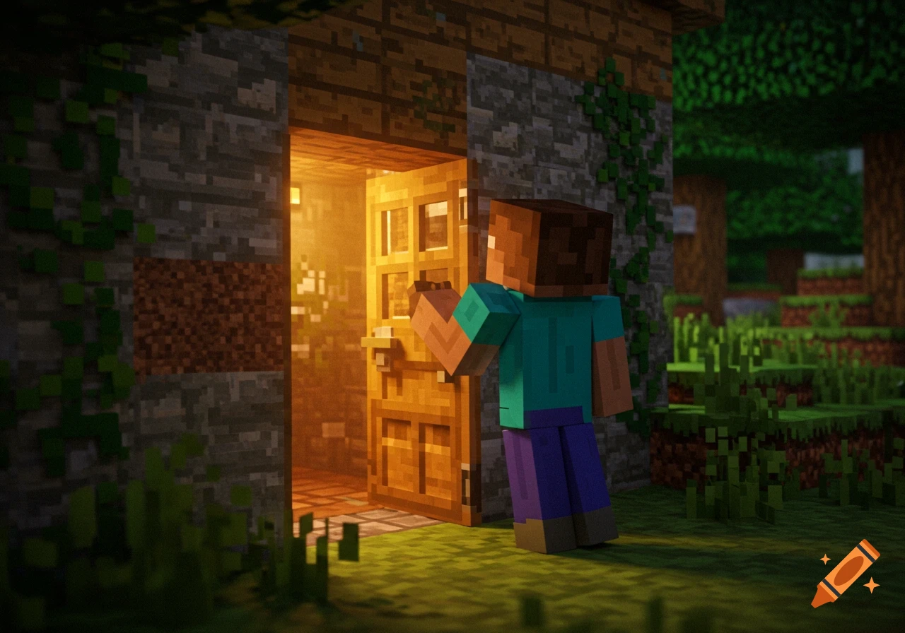 Minecraft Steve knocking on a wooden door at sunset. on Craiyon