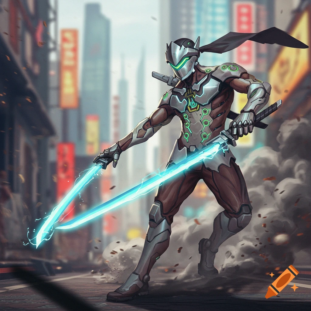 Genji from Overwatch wielding two glowing swords in a futuristic street ...