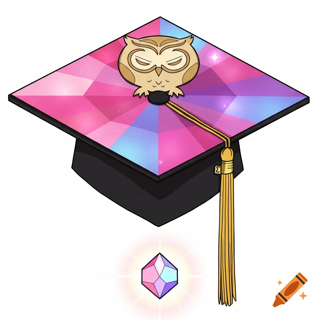 A graduation cap decorated with an owl symbol and a faceted multi ...
