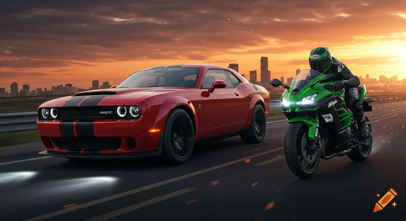 A red Dodge Challenger car drives alongside a green Kawasaki Ninja ...