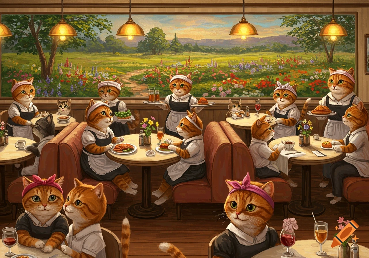 Cats as waitresses serve other cats dining in a restaurant with a ...