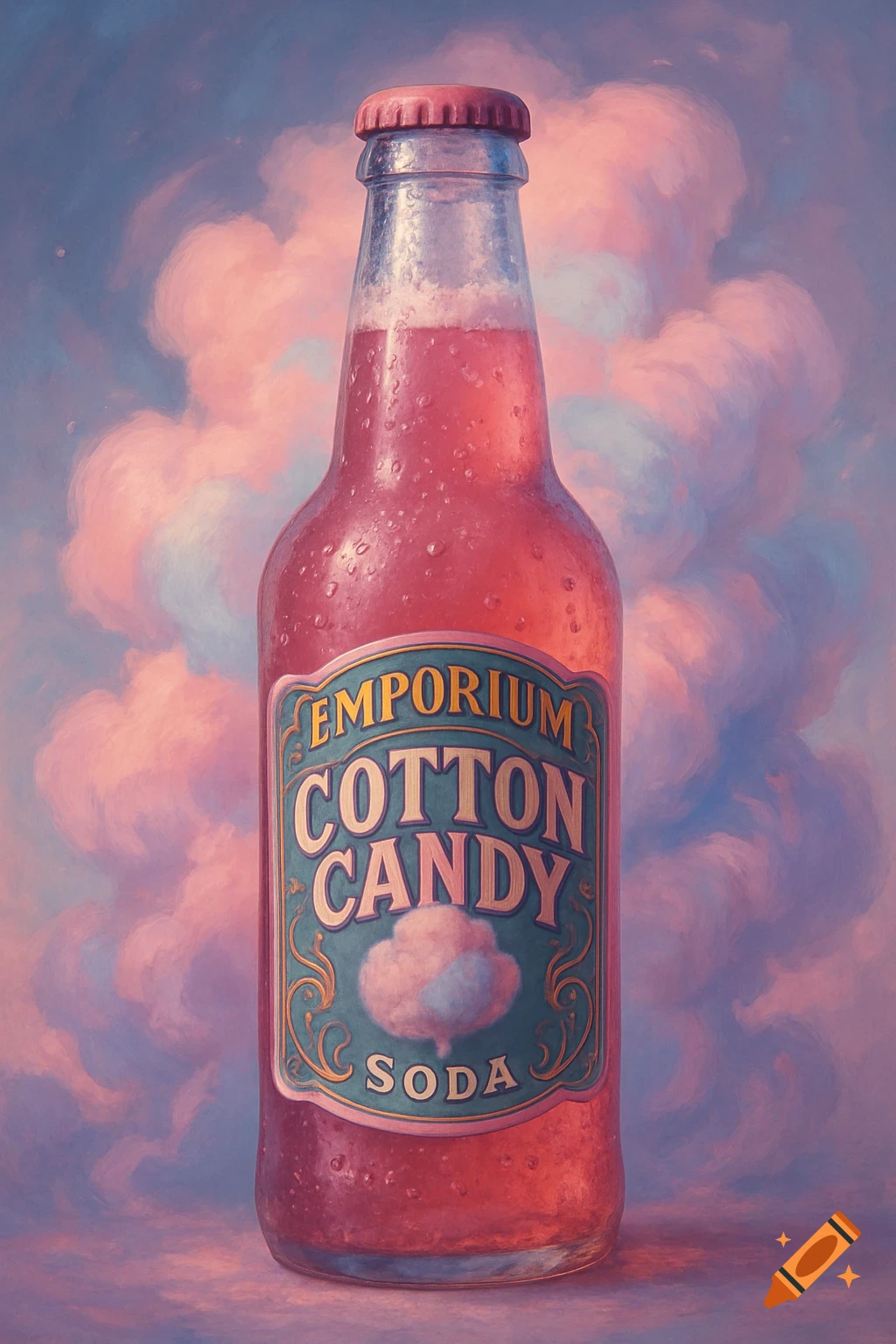 Painterly illustration of a bottle of cotton candy soda against a pink and purple cloudy ...