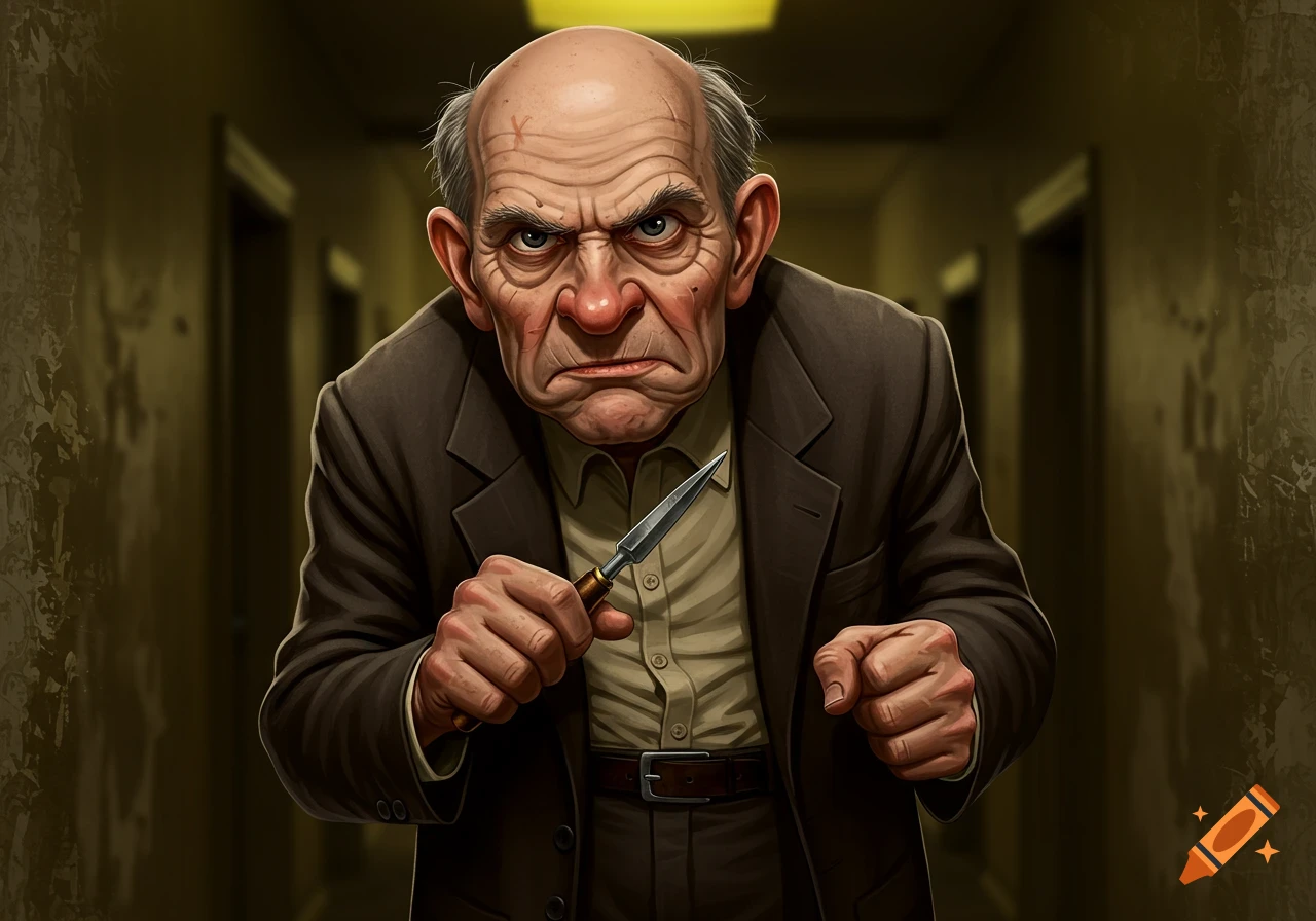 Stylized portrait of an angry old man holding a knife in a hallway. on ...