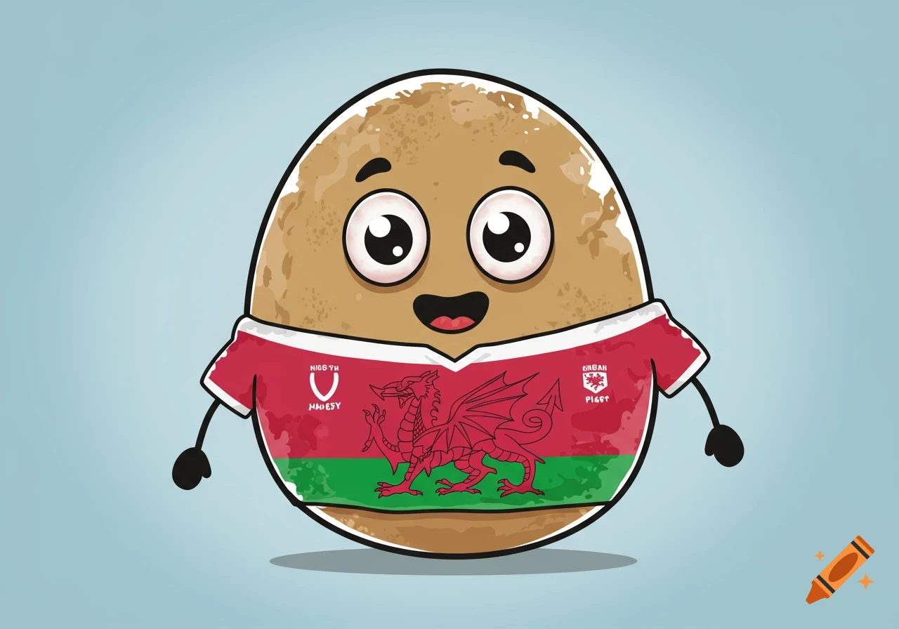 A cartoon potato character wearing a red and green shirt with a dragon ...