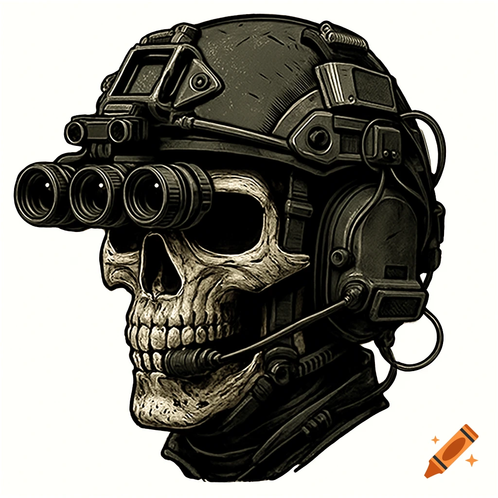 Stylized illustration of a skull wearing a tactical helmet with night ...