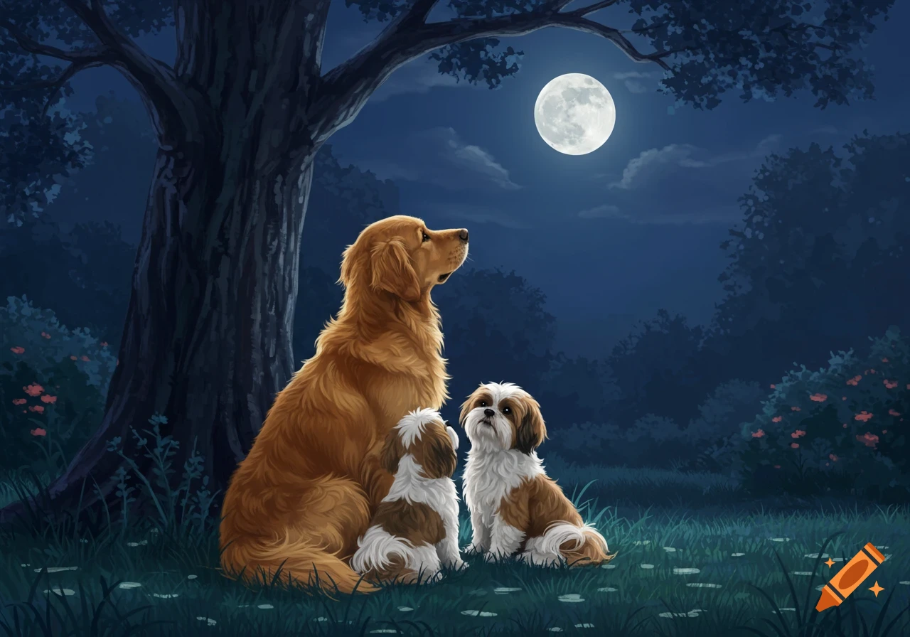 A golden retriever and two shih tzus look up at a full moon in a night ...