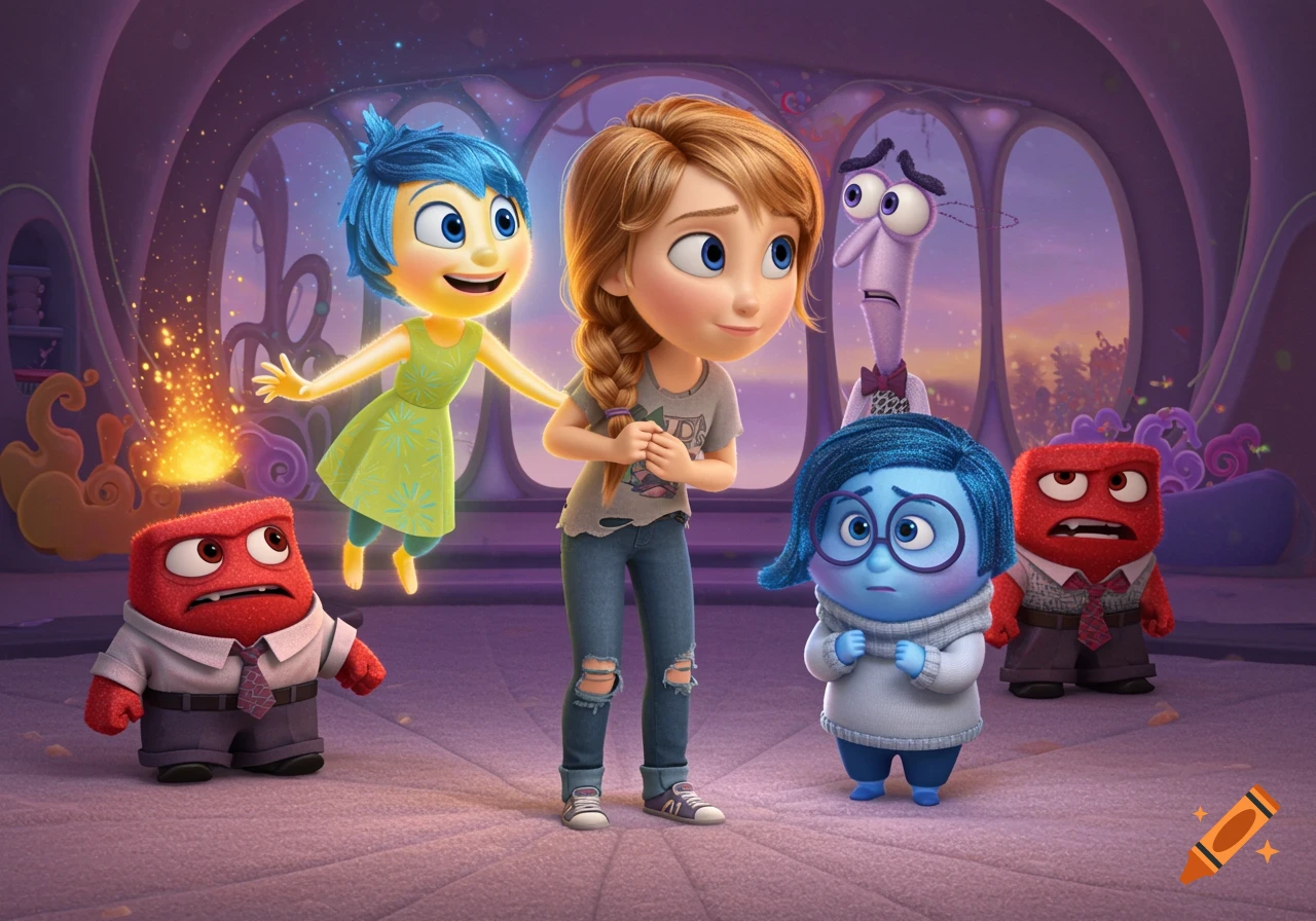 Teenage Riley stands with cartoon emotions Joy, Sadness, Fear, and ...