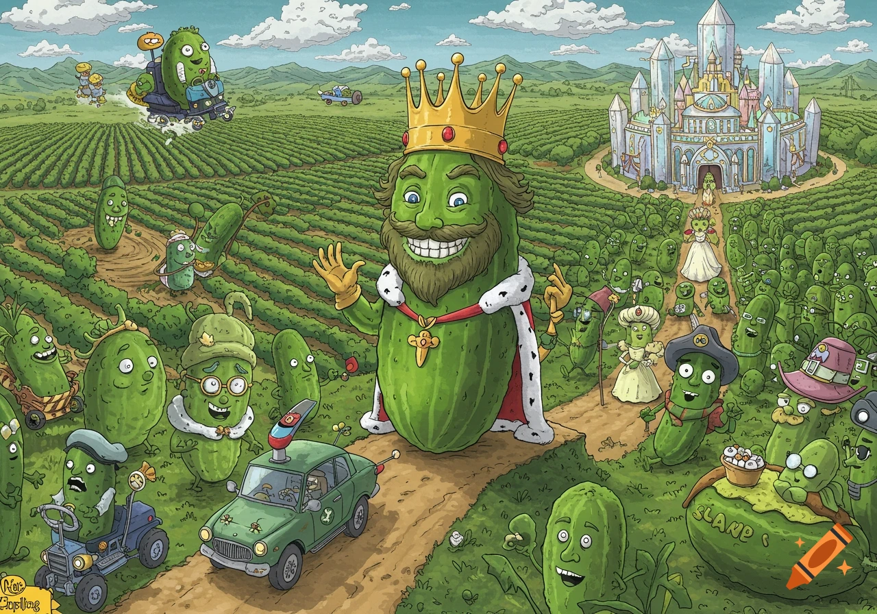 Cartoon of a pickle king in a pickle field with pickle subjects and a castle in the background ...