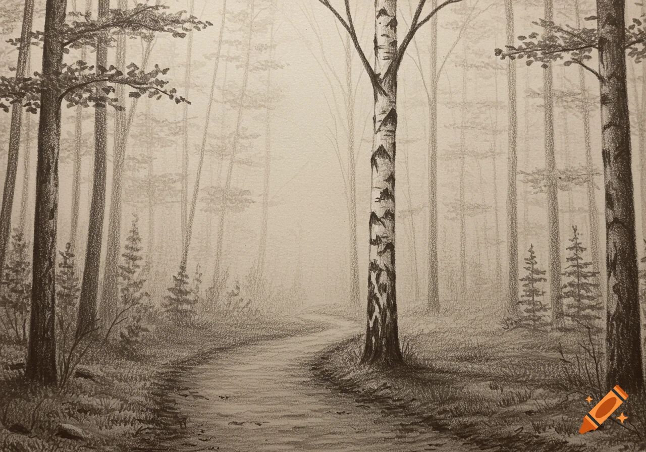 A sepia pencil sketch of a foggy forest path leading past a birch tree ...
