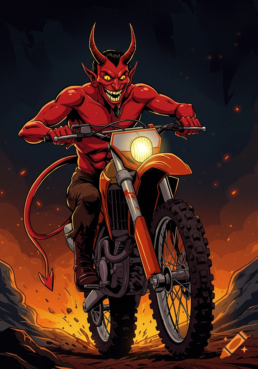 A cartoon devil rides a dirt bike through flames on Craiyon