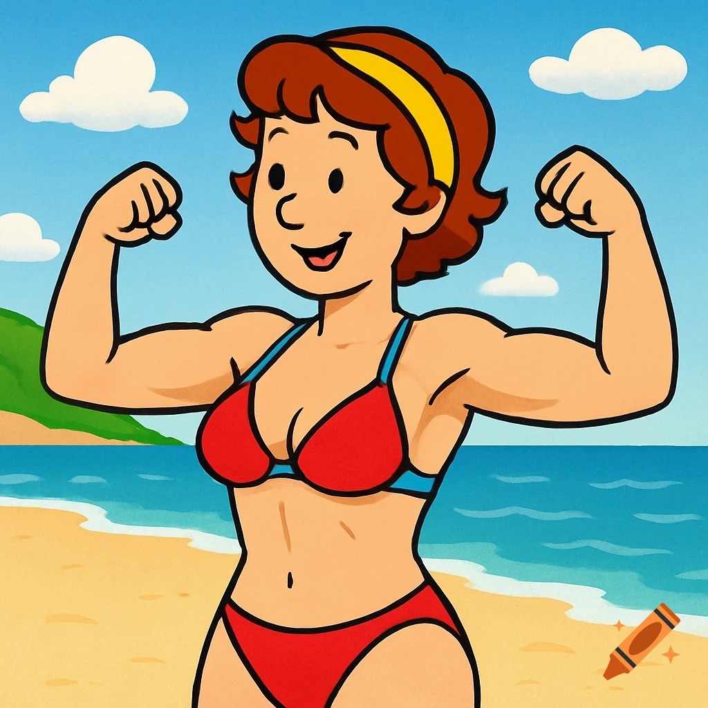 Cartoon woman flexing muscles at the beach in a bikini on Craiyon