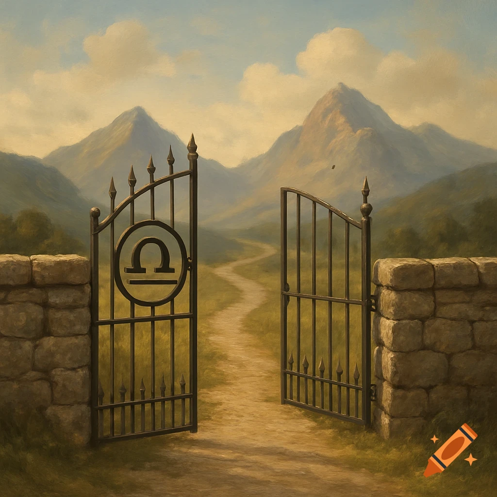 An open metal gate with a Libra symbol stands between stone walls ...