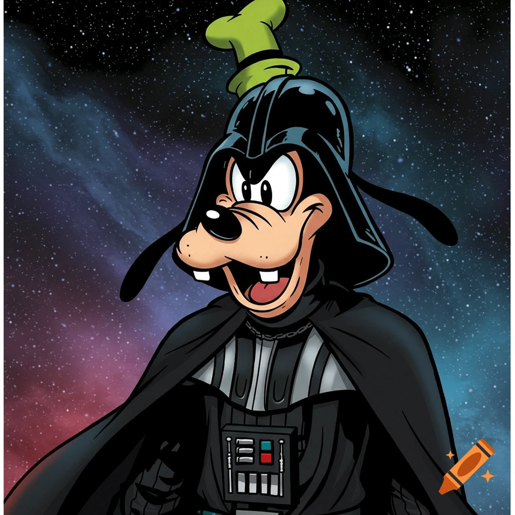 Cartoon of Goofy dressed as Darth Vader against a space background. on ...
