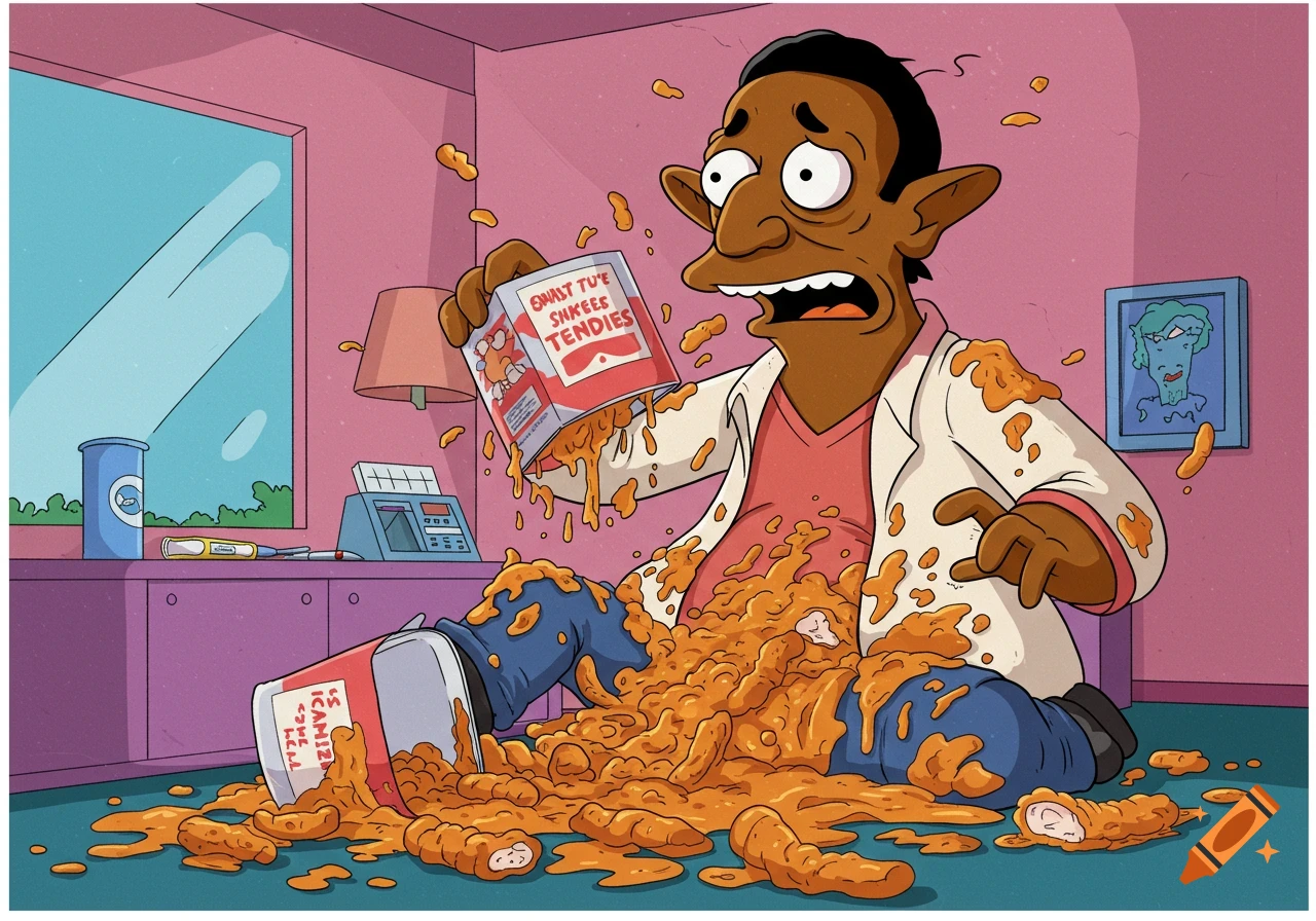 Cartoon man styled like Apu spilled chicken tenders and sauce on ...