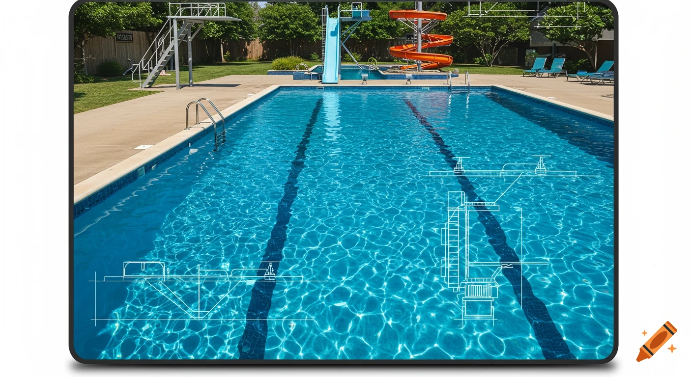 Swimming pool with a diving board, slide, and lounge chairs overlaid ...