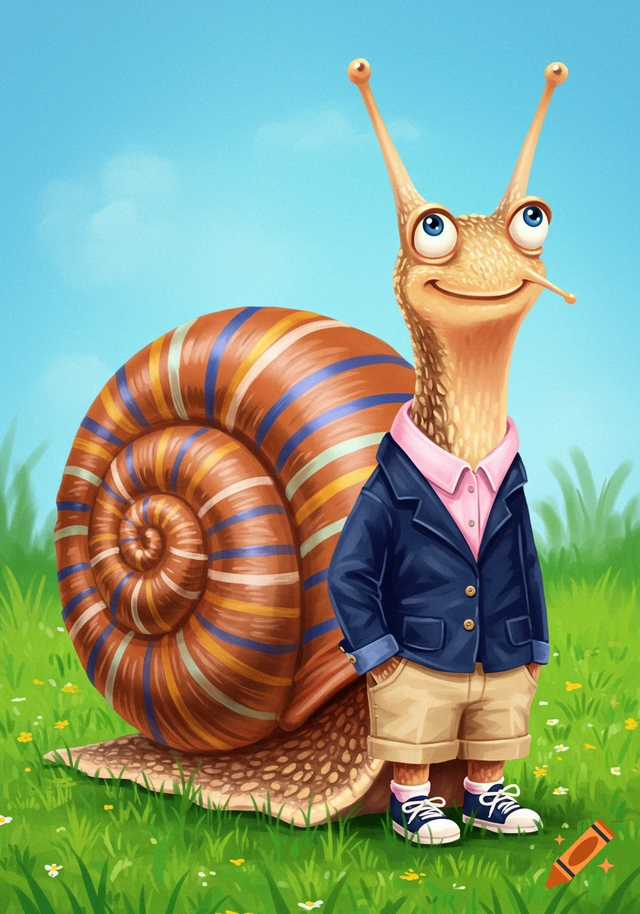 A cartoon snail wearing a blue jacket, pink shirt, and shorts stands in ...