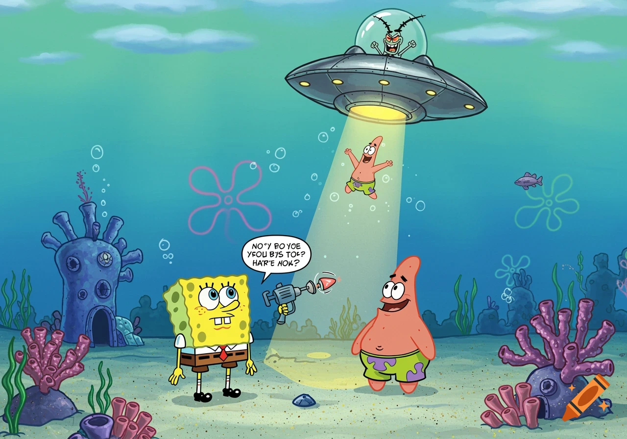 Spongebob and Patrick are underwater as Plankton in a UFO beams Patrick ...
