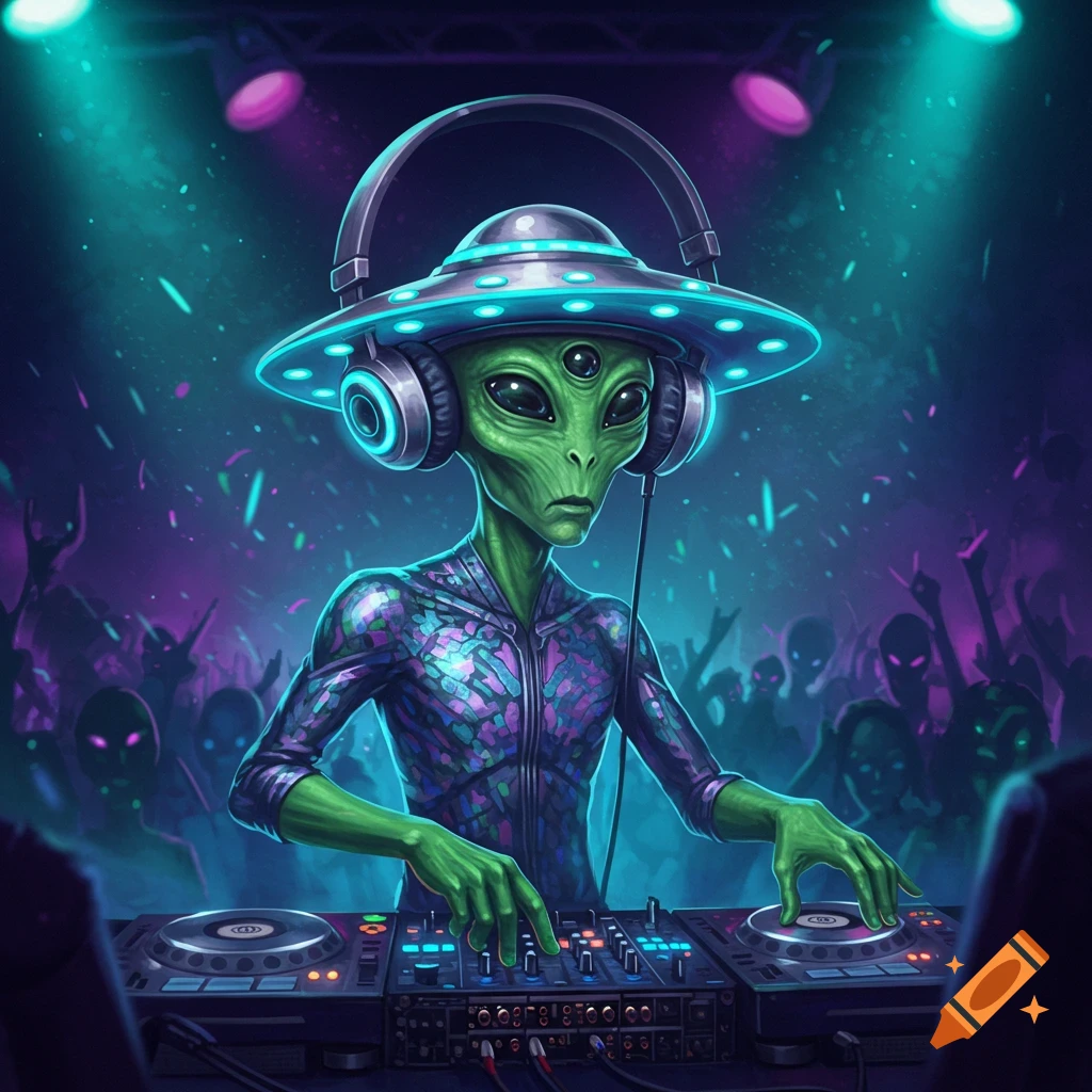 Alien DJ with UFO headphones at a vibrant party. on Craiyon