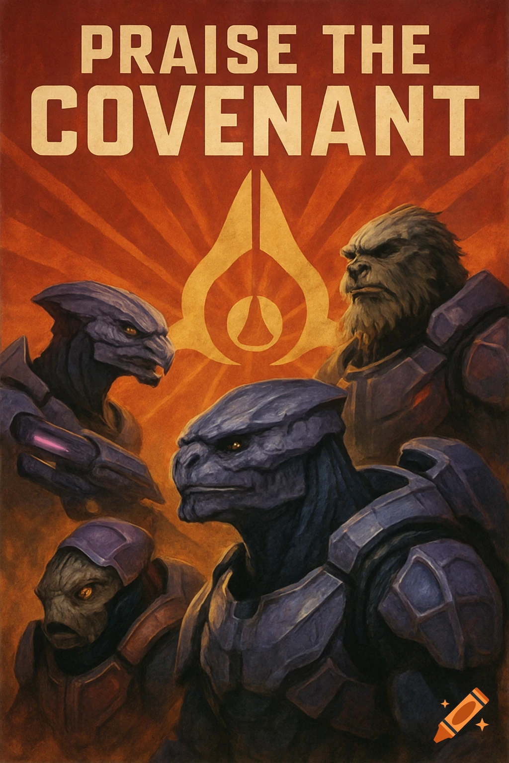 Poster with several Halo Covenant aliens and 'Praise the Covenant' text ...
