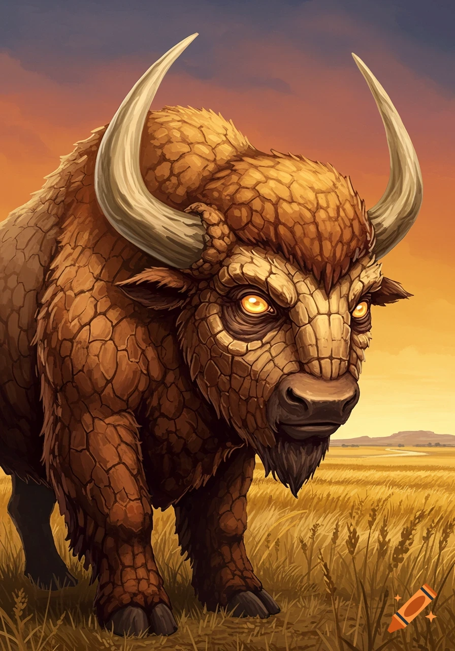 Illustrated fantasy monster resembling a bison in a field under an ...