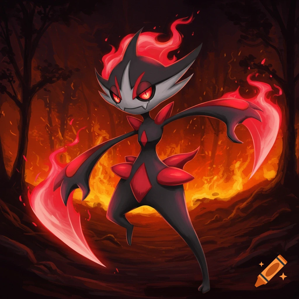 A stylized dark creature with red and black armor, fiery blades, and ...
