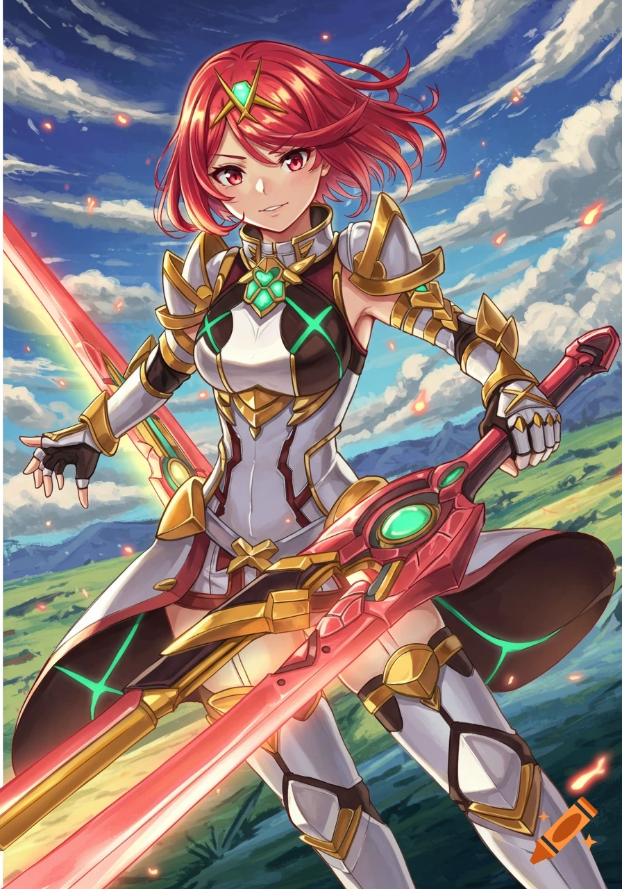 Anime girl with red hair and armor holding two glowing swords in a ...
