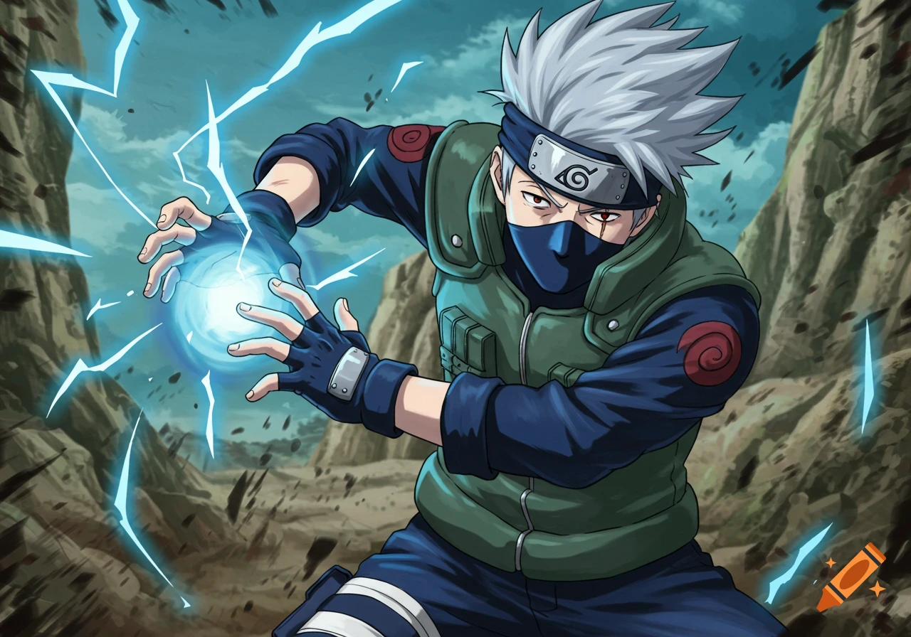 Kakashi Hatake from Naruto performing a blue energy jutsu on a rocky ...